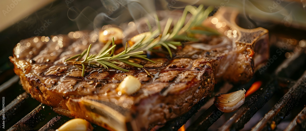 A close-up photo of a sizzling T-bone steak cooked to a perfect medium ...