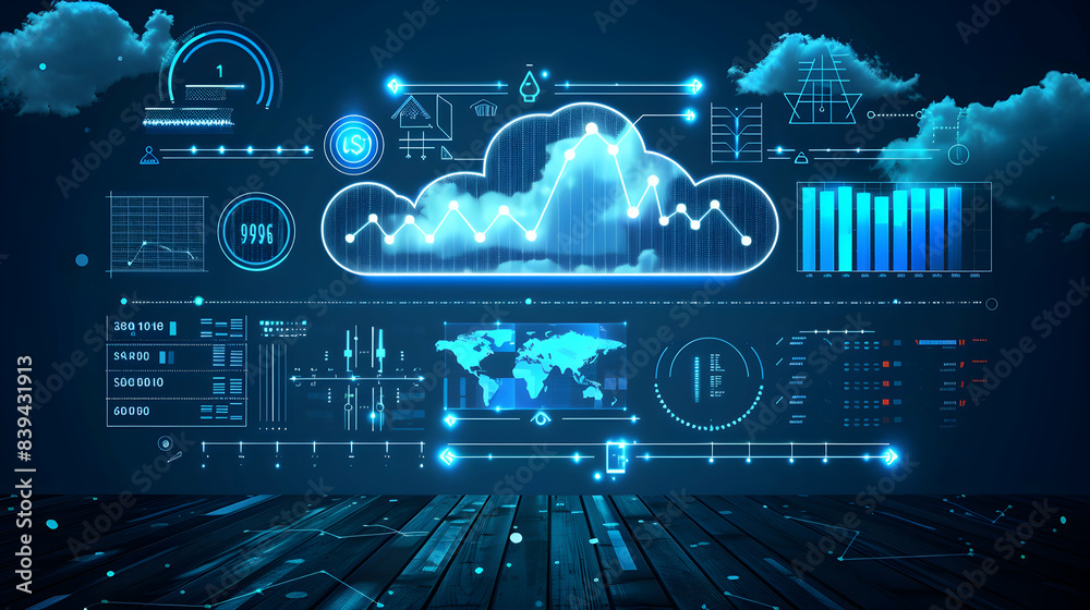 Cloud based analytics and big data with data visualization symbols ...