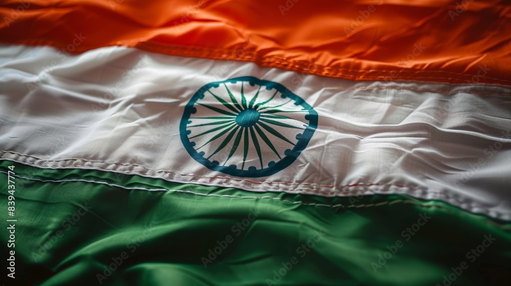 An Indian national flag with vivid colors and detailed fabric texture ...