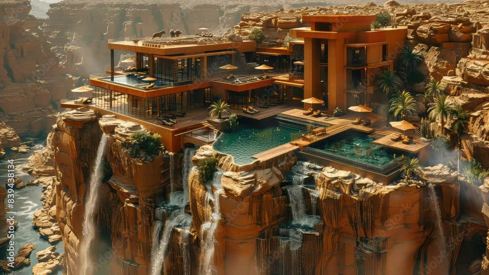Animation Luxurious cliffside mansion with cascading infinity pools ...