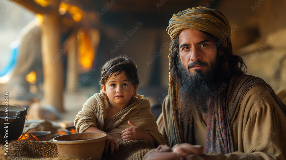 ancient muslim woman with his baby and husband in a mud house far view ...