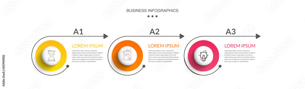Business vector infographics with three circles and arrows. Timeline ...