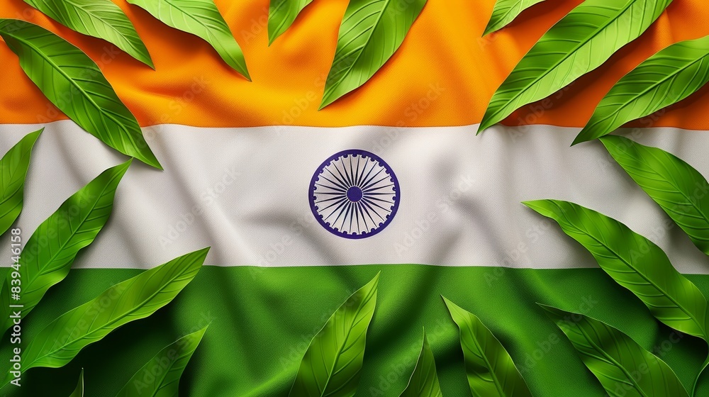 Indian flag surrounded by green leaves, symbolizing unity with nature ...