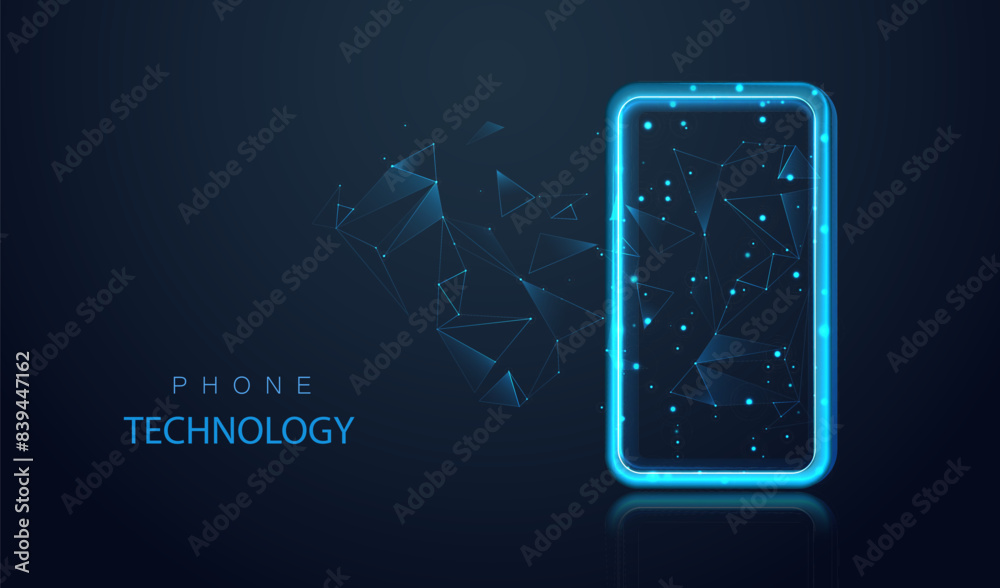 Smartphone blue screen display with low poly. Mobile phone triangle ...