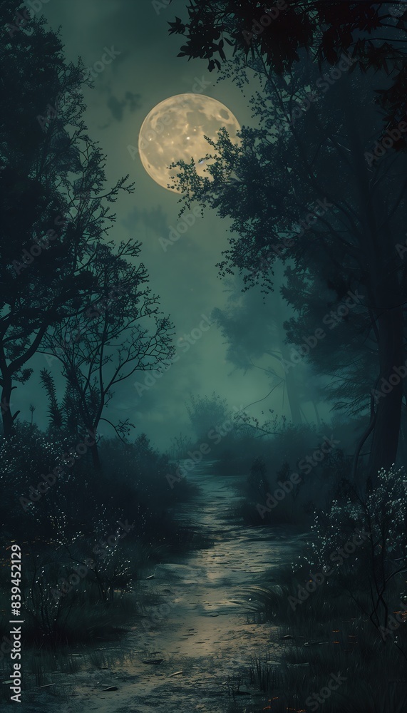 river running forest full moon sky moody environment figures walking ...