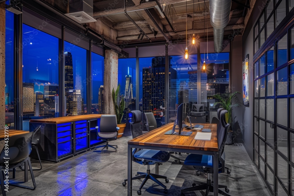 A sleek, modern office space with blue lighting and wooden desks ...