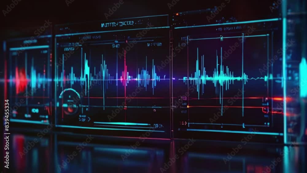 Futuristic VU DJ booth meters with holographic displays and electric ...