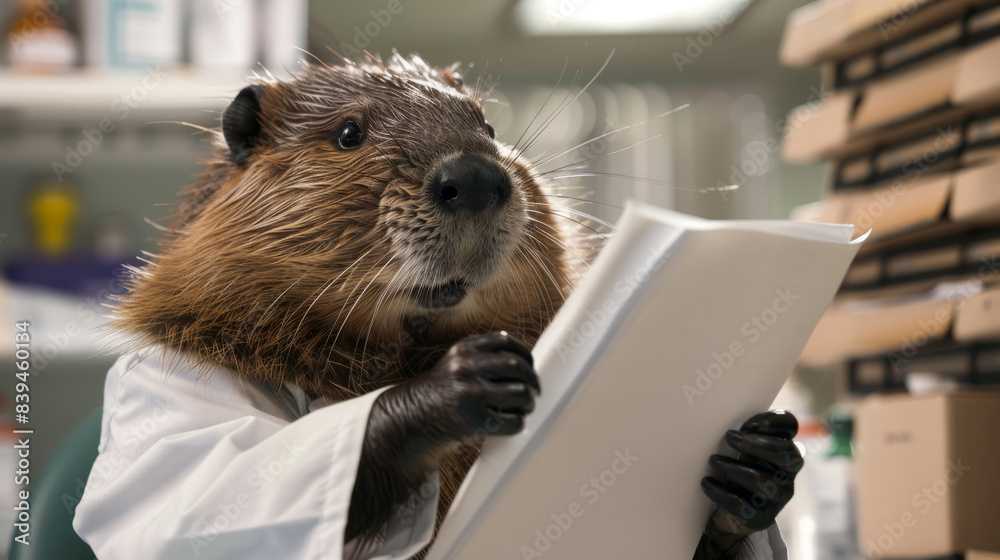 Beaver scientist reads important research. This humorous stock photo ...