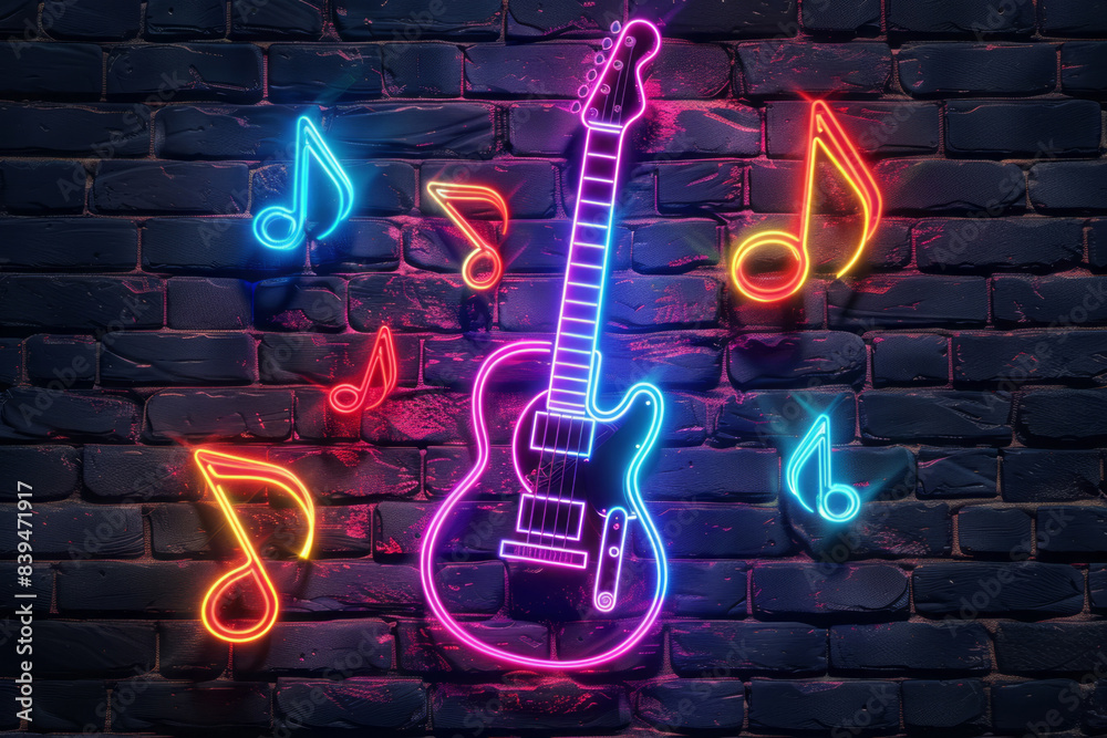 A neon frame with a music note and a guitar on a black brick wall ...