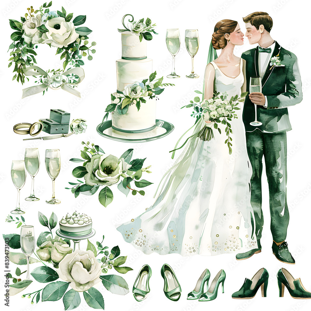 bride and groom in wedding dress, watercolor wedding clipart, light ...