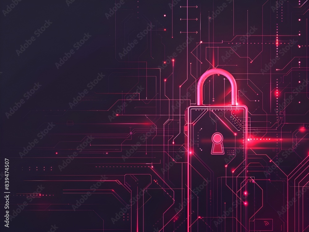 Neon pink digital lock on dark circuit board background, representing ...