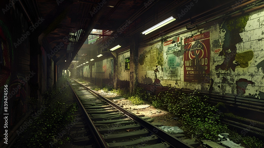 ภาพประกอบสต็อก Abandoned subway tunnel with overgrown plants, graffiti ...