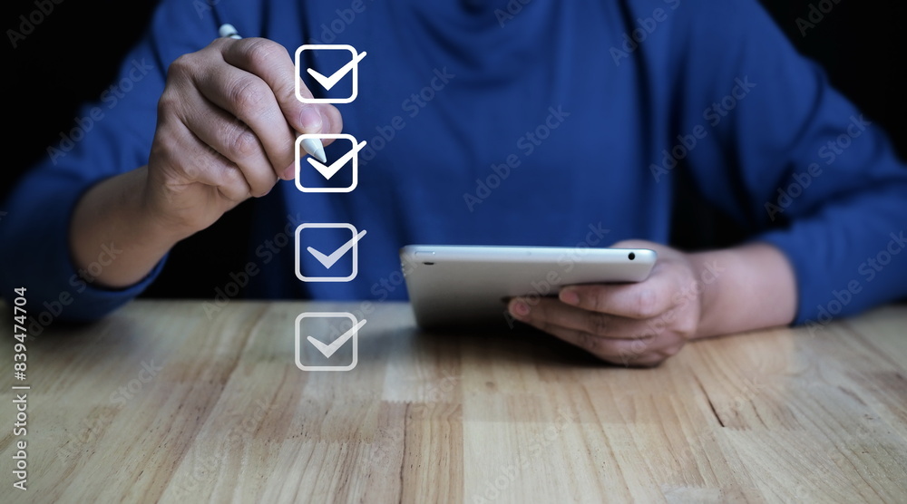 Businessman using tablet to taking online checklist survey on virtual ...