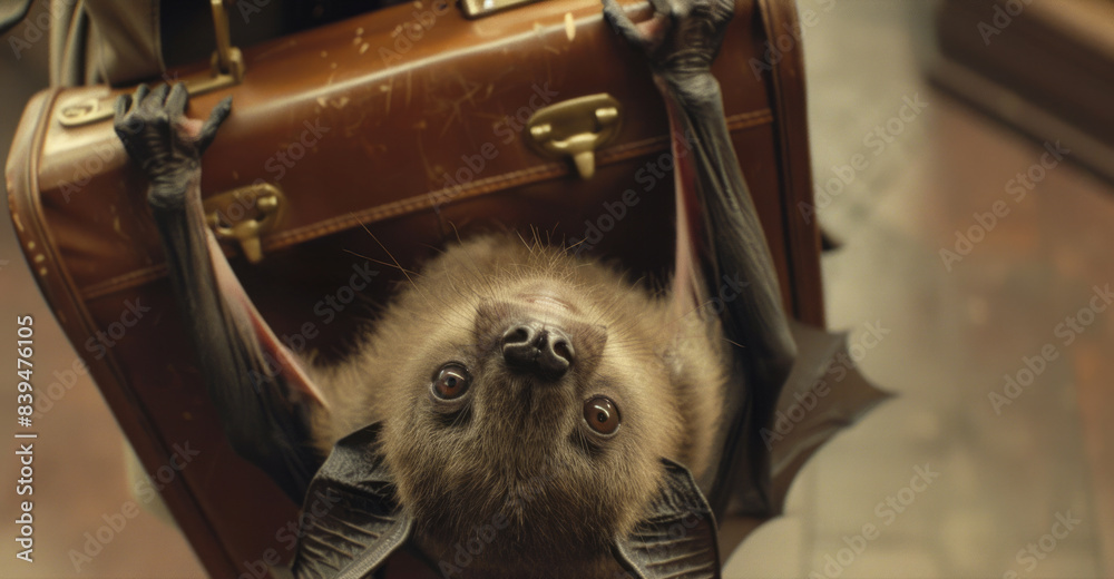Bat hanging upside down on suitcase. Curious bat hanging upside down ...
