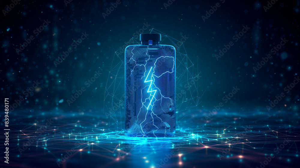 A digital representation of a battery, illuminated in a vibrant shade ...