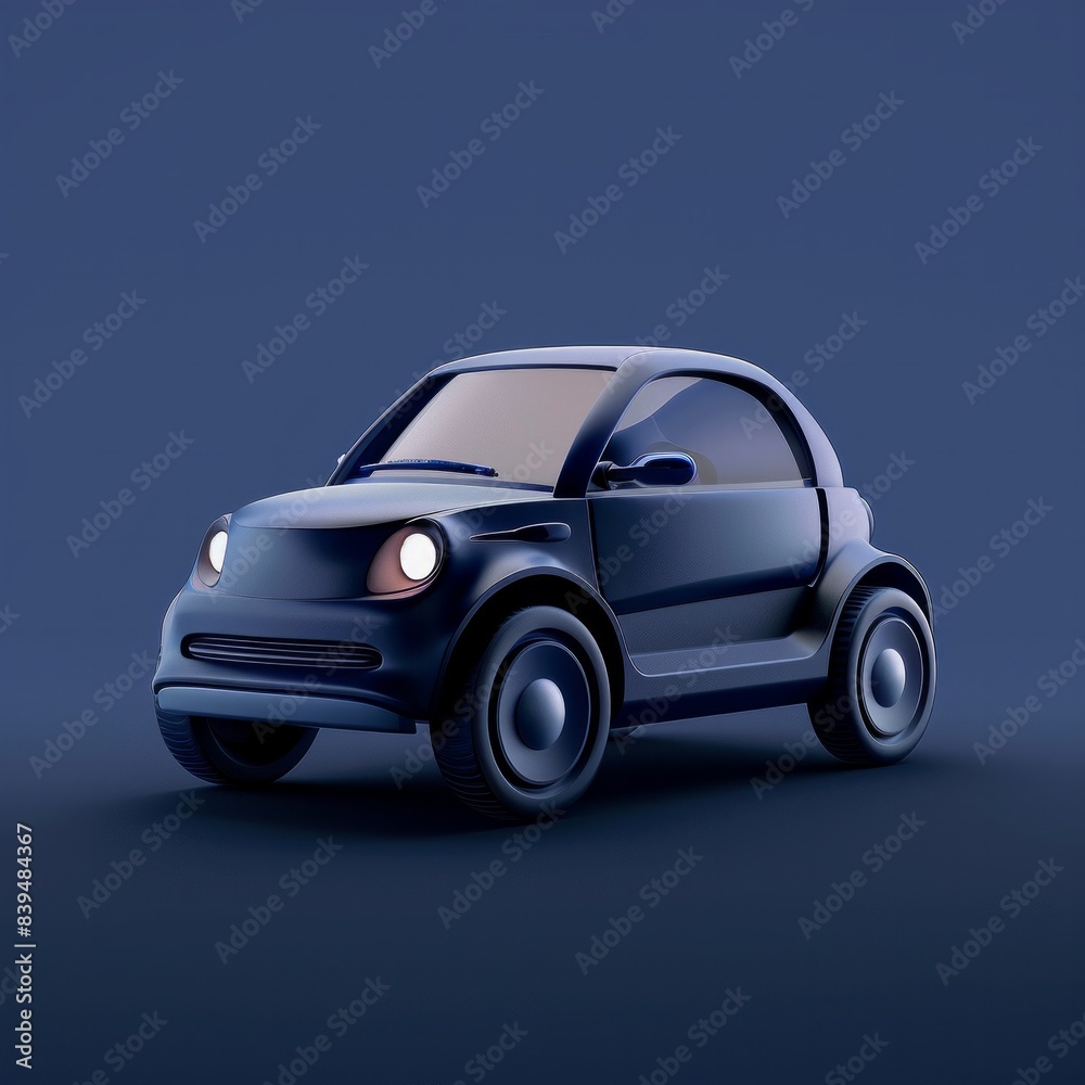 3D model of a small, bright blue car on a flat blue background. The car ...