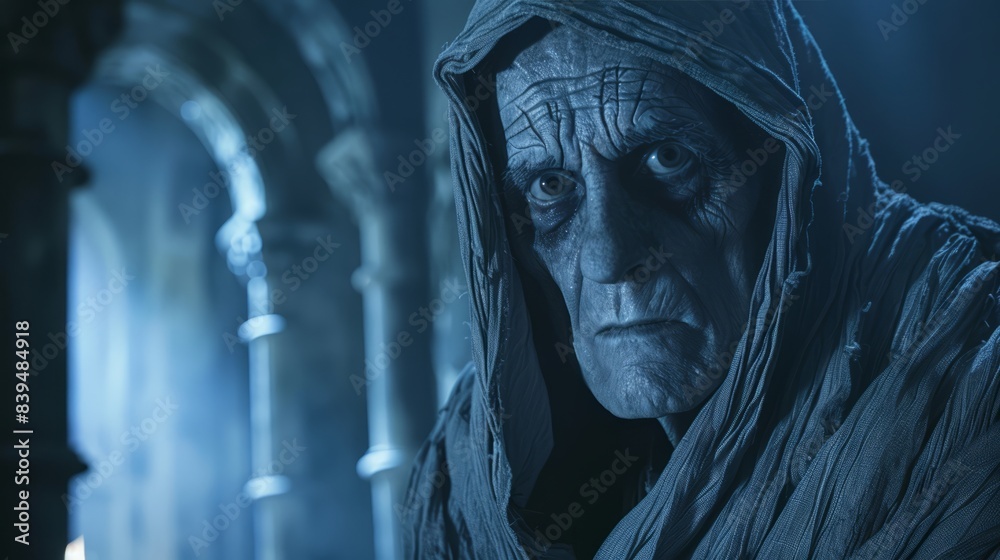 Ancient wisdom, cloaked figure in monastery. Mysterious cloaked figure ...