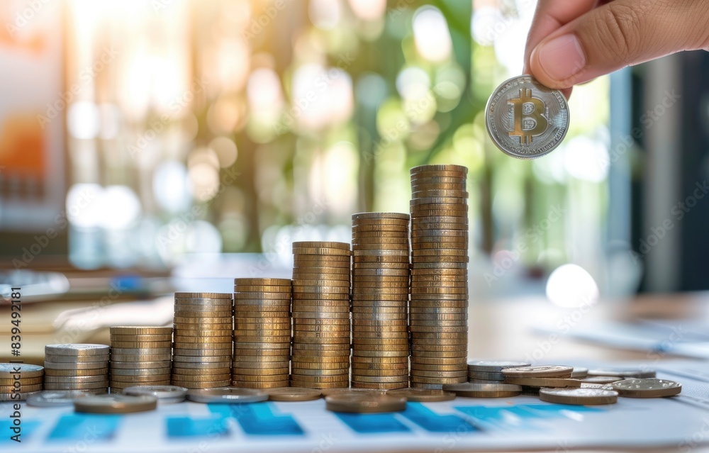 Hands carefully balancing coins in a tall stack, with a blurred office ...