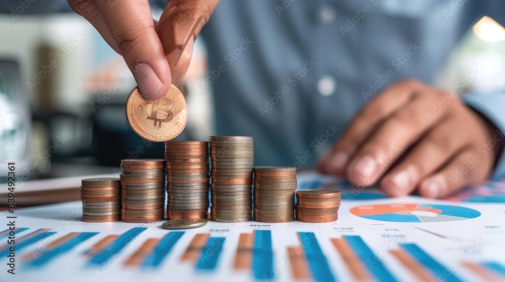 Hands stacking coins in front of a whiteboard with financial charts ...