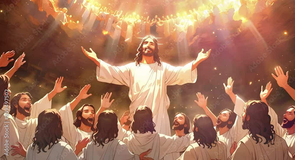 Animation of Jesus rising up to heaven in bright shining light, camera ...