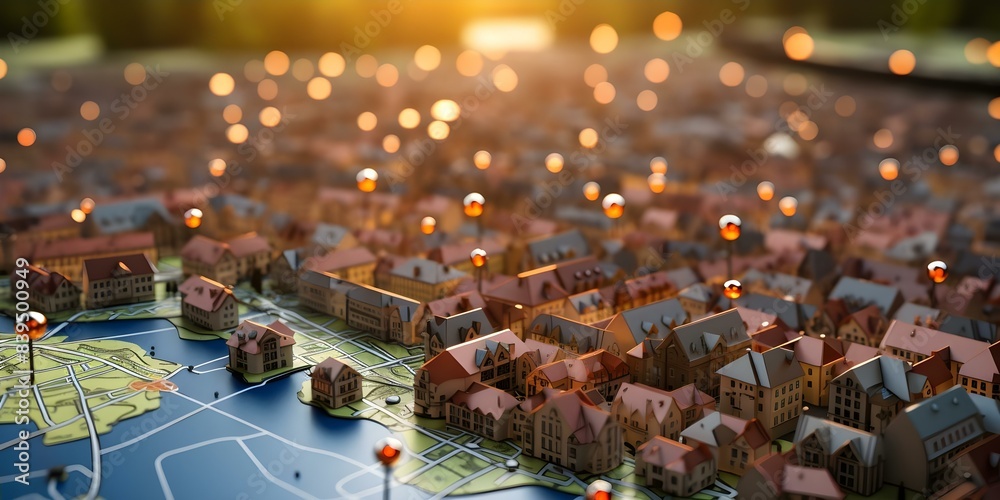 3D city map with GPS pointers for transportation locations. Concept ...