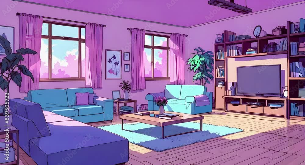 cozy lo-fi living room interior, vtuber asset twitch zoom OBS, anime ...