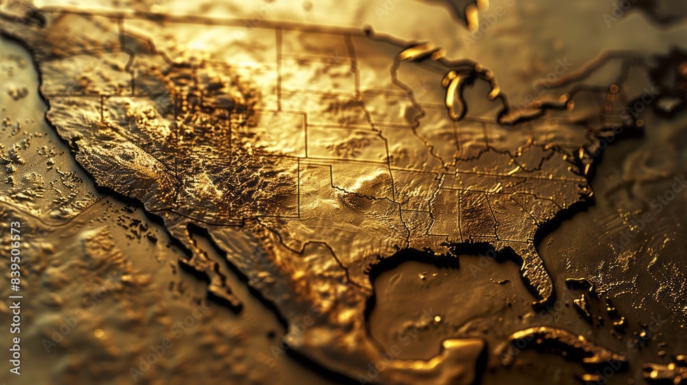 Detailed gold map of North America with raised texture Stock ...