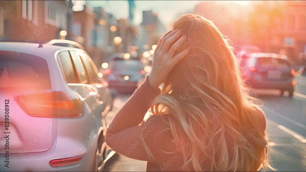 After a vehicle accident, a woman is clutching his head and regretting ...