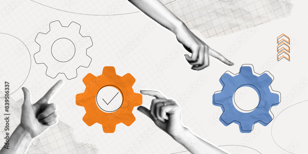 Trendy Halftone Collage Hands with cogs. Employees connecting gears ...