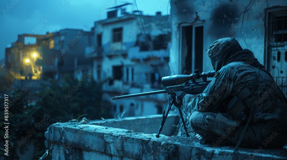 Night rooftop sniper shooter in war conflict holding rifle with zoom ...