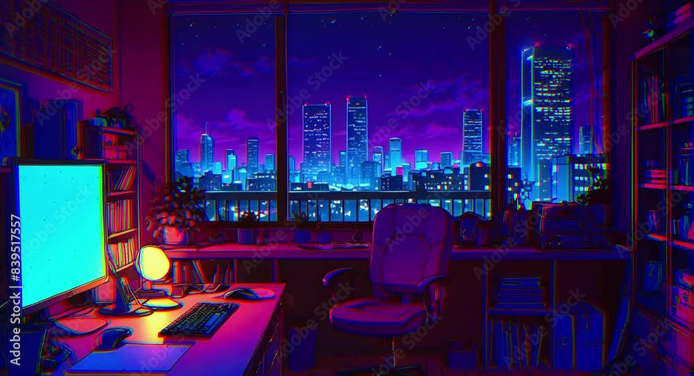 Lofi cozy room with computer at night and city view, cyan purple colors ...