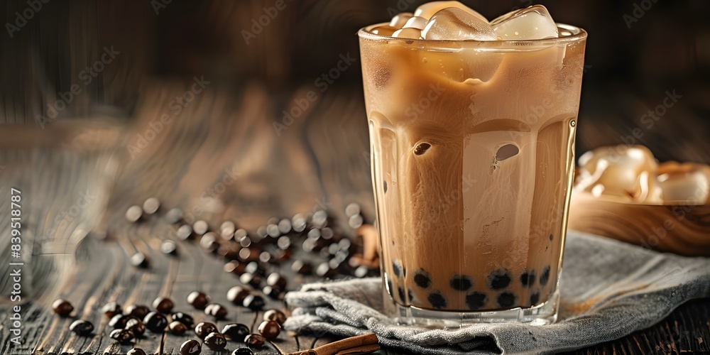 Refreshing Taiwanese bubble tea with tapioca pearls in a clear glass ...