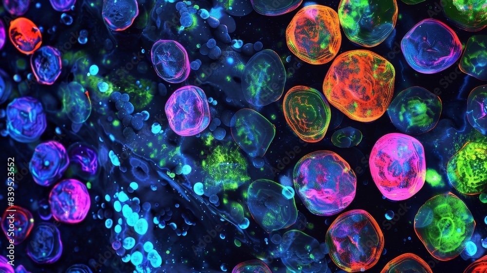 Fluorescent image of adipose tissue with different colors representing ...