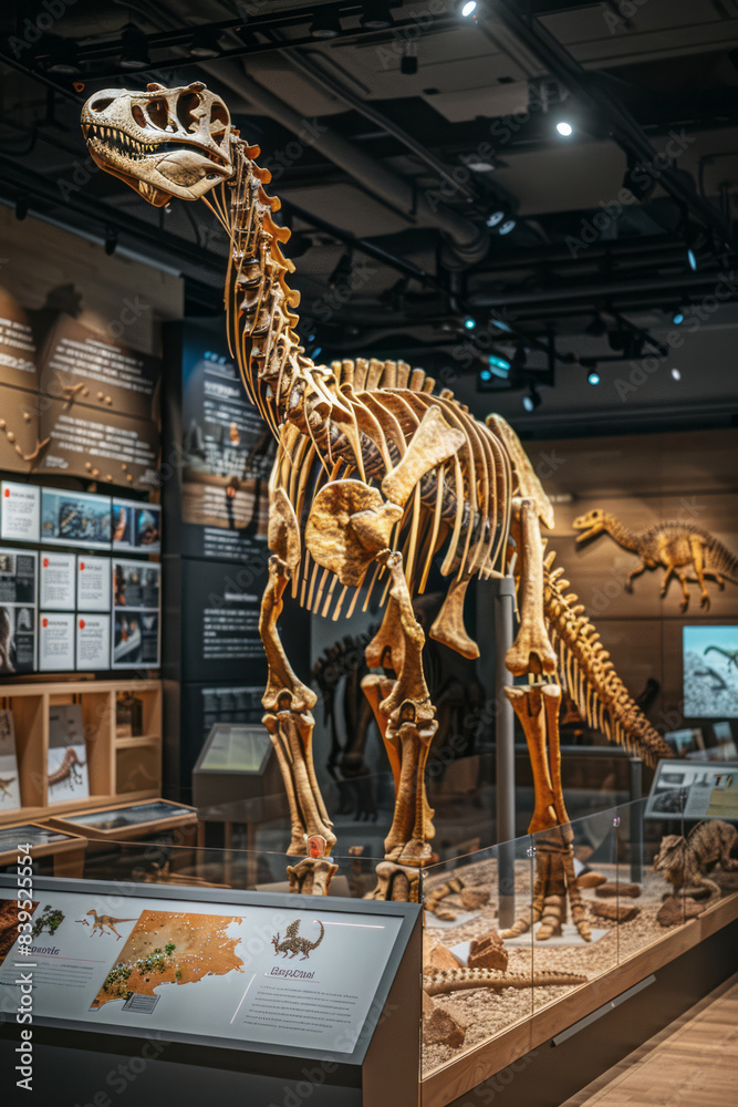A detailed exhibit showcasing a complete skeleton of a Brachiosaurus ...