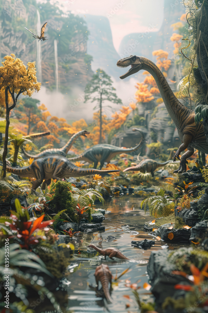 A diorama depicting a prehistoric landscape, with animatronic dinosaurs ...