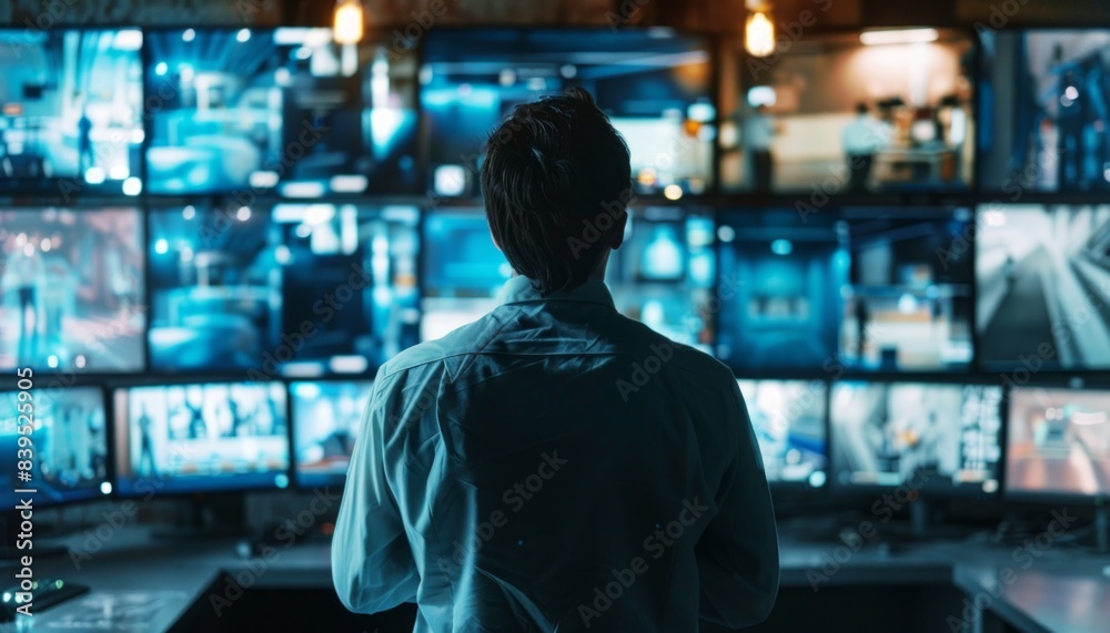 Description: An attentive security guard oversees a video surveillance ...
