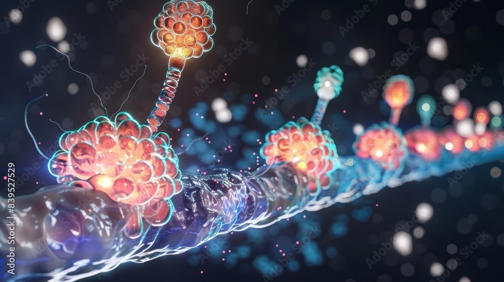 A series of labeled neurotransmitters being released and received at a ...