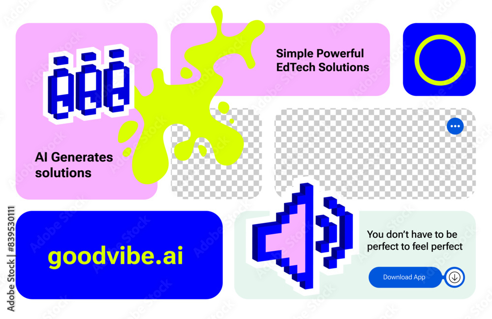 Bento grid web layout with Pixels Y2k trendy playful stickers ...