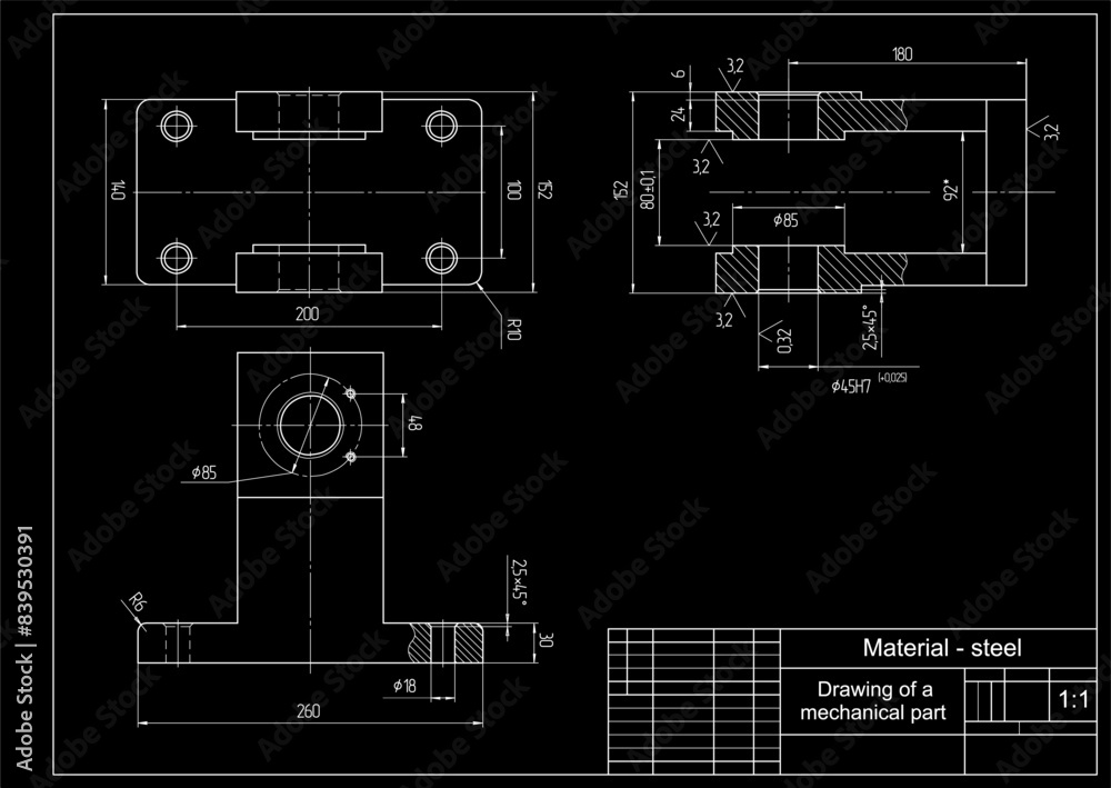 Vector drawing of a steel mechanical part with through holes ...