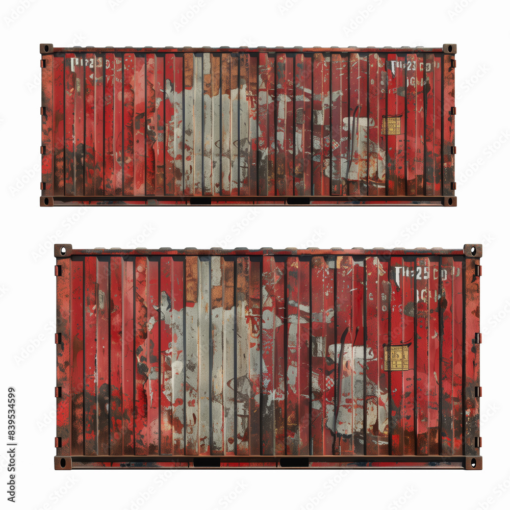 Rusty shipping containers from the side with faded red paint and ...