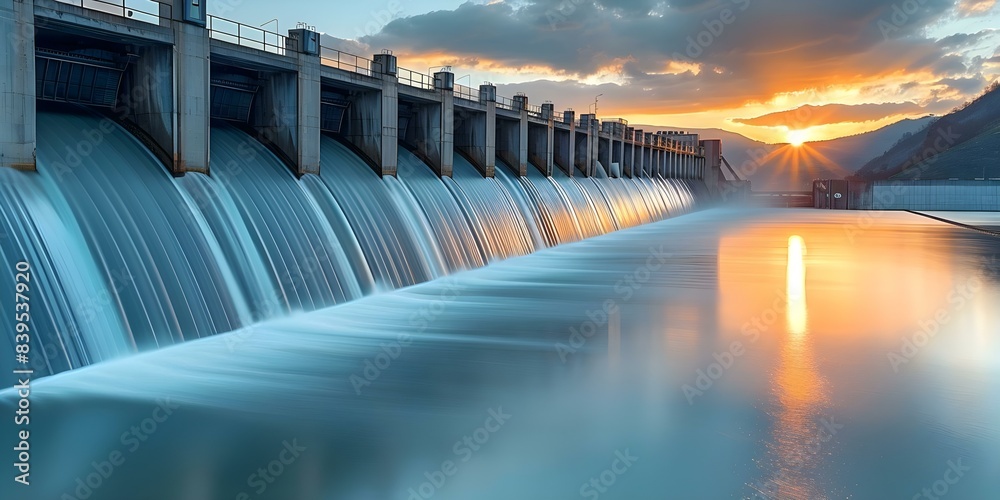 Sunset light on hydroelectric dam symbolizes clean energy generation ...