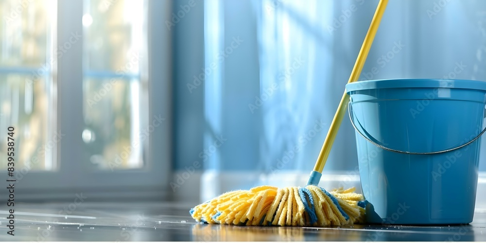 Tidy and orderly scene featuring a blue bucket and yellow mop resting ...