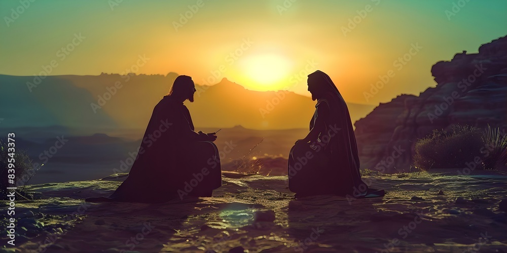 Digital silhouette of Jesus tempted by Satan in Judean desert. Concept ...