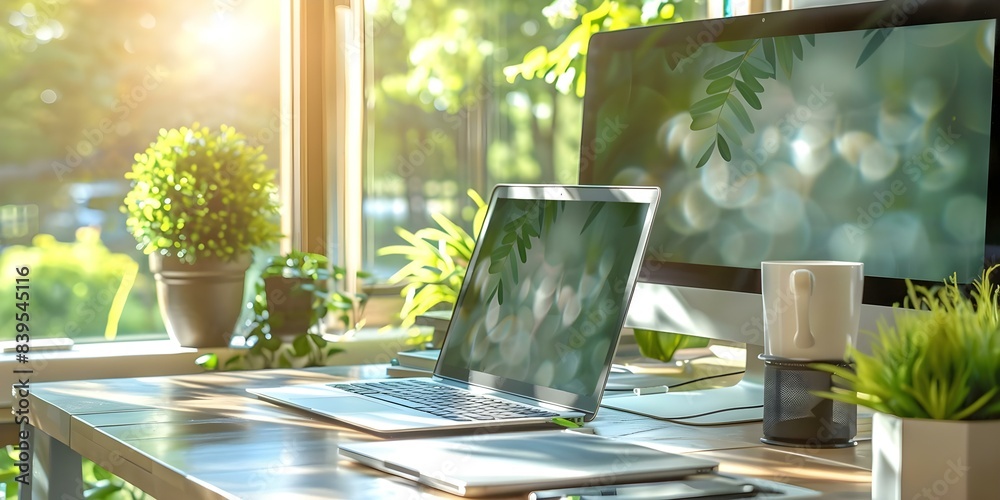 Desk with laptop and desktop computer symbolizes hybrid work approach ...