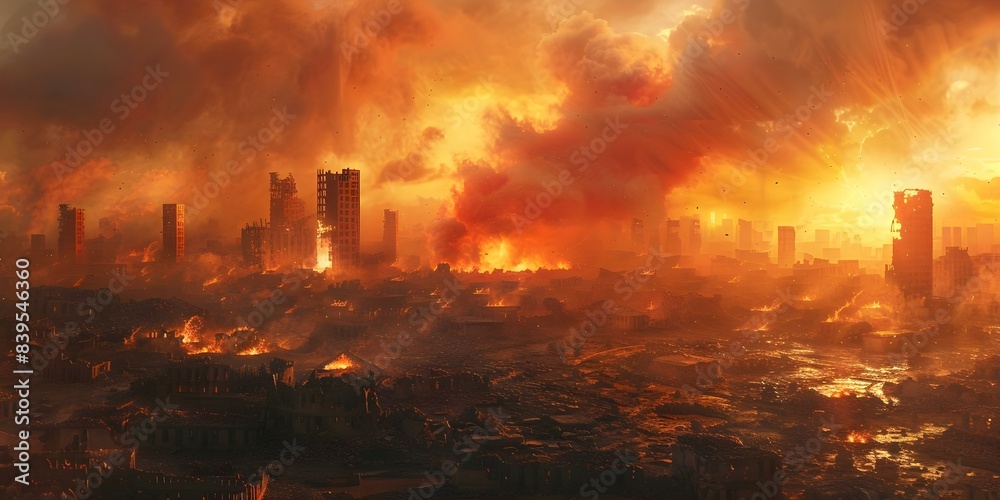 3D digital art depicting a warzone city with smoke and fire. Concept 3D ...