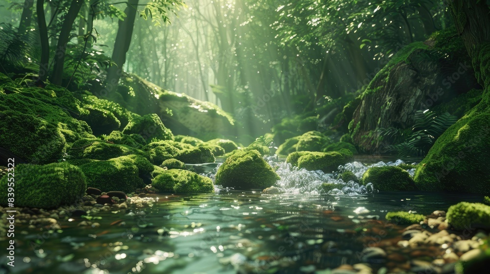 A peaceful forest stream winding its way through moss-covered rocks ...