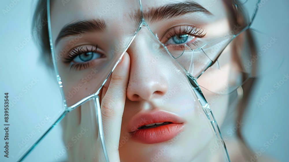 A woman's face is reflected in a broken mirror. The concept of ...