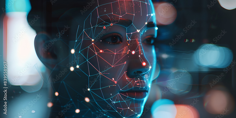 "Digital face in a futuristic setting with network connections ...