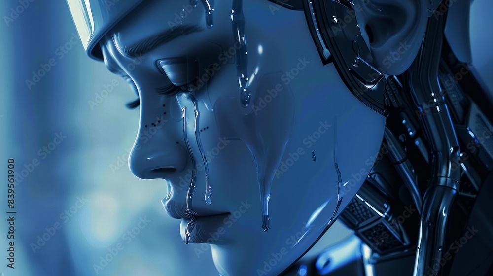 Close-up of a chrome robot head weeping metallic tears. Sci-fi concept ...