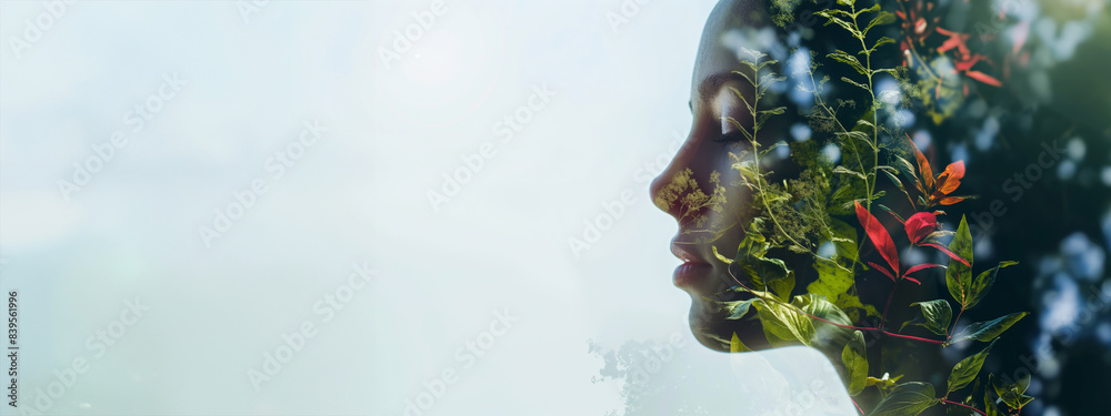 A woman's face is shown in a painting of leaves and flowers. The double ...